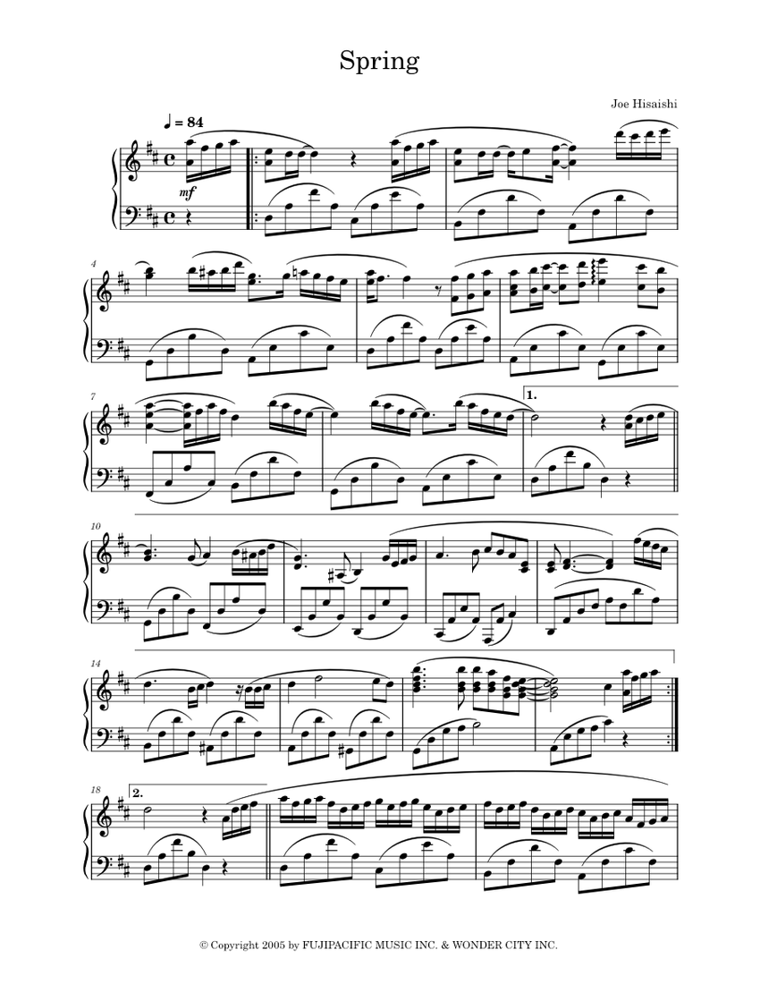 Spring by Joe Hisaishi Sheet Music for Piano (Solo) | MuseScore.com
