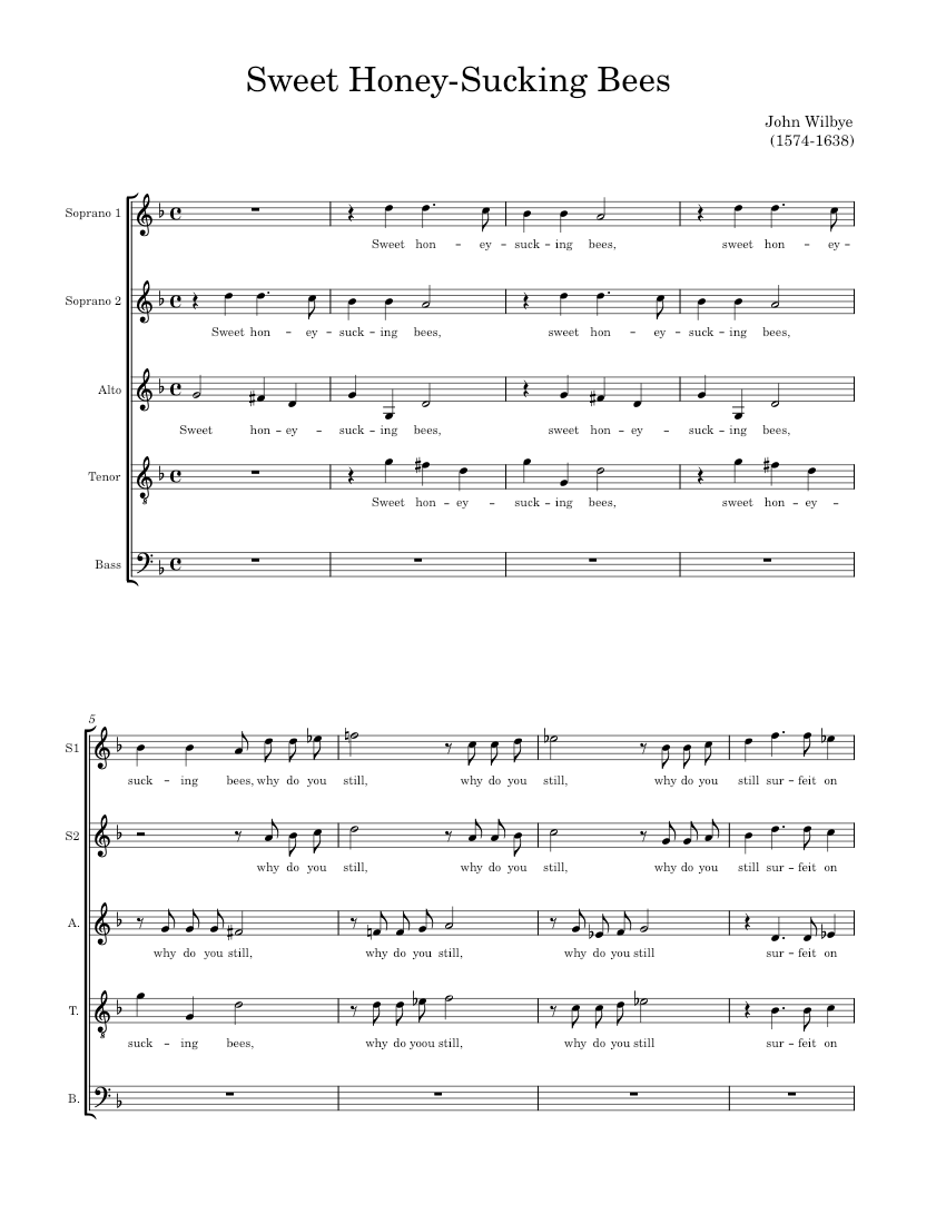 Sweet Honey-Sucking Bees - John Wilbye Sheet music for Soprano, Alto ...