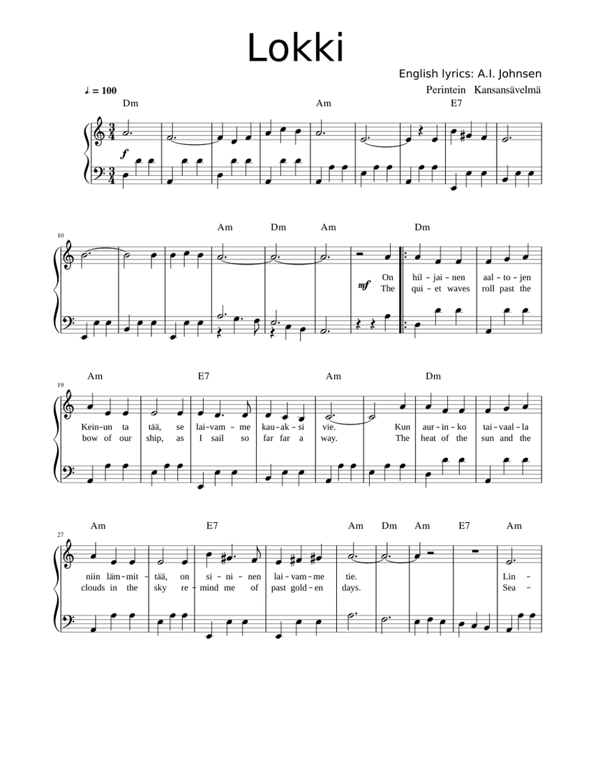 Lokki Sheet Music with Chords for Piano (Solo) easy | MuseScore.com