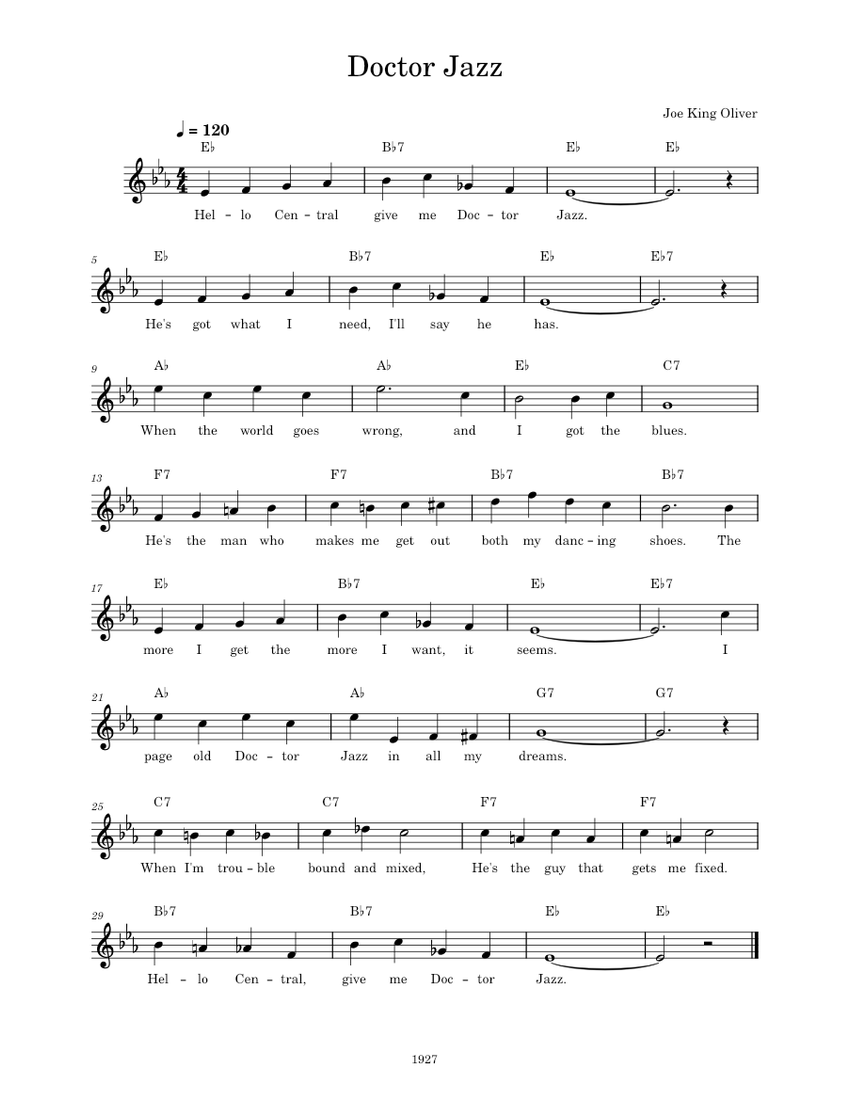 Doctor Jazz – Joe Oliver Doctor Jazz Sheet Music with Chords for ...