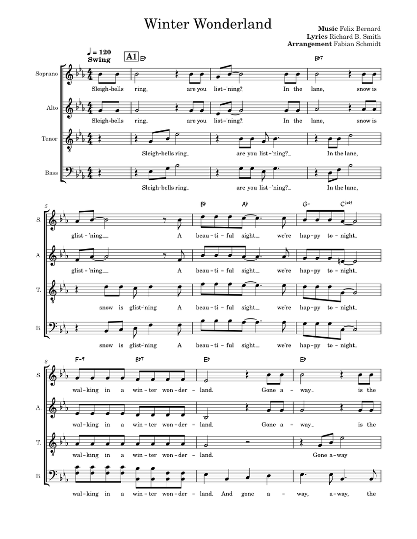 Winter Wonderland Sheet Music with Chords for Soprano, Alto, Tenor ...