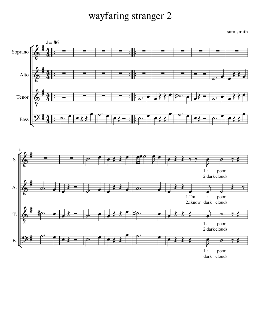 wayfaring stranger 2 Sheet Music for Soprano, Alto, Tenor, Bass voice ...
