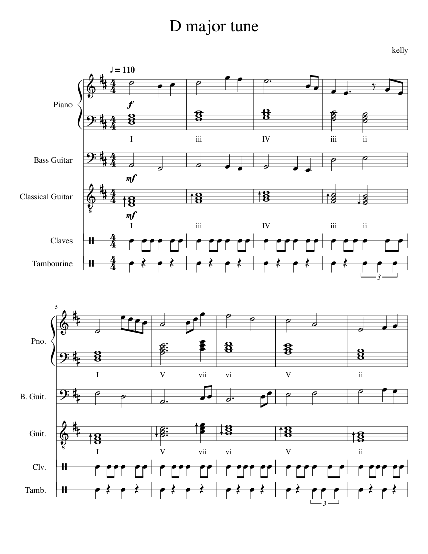 D major tune Sheet music for Piano, Tambourine, Guitar, Bass guitar ...