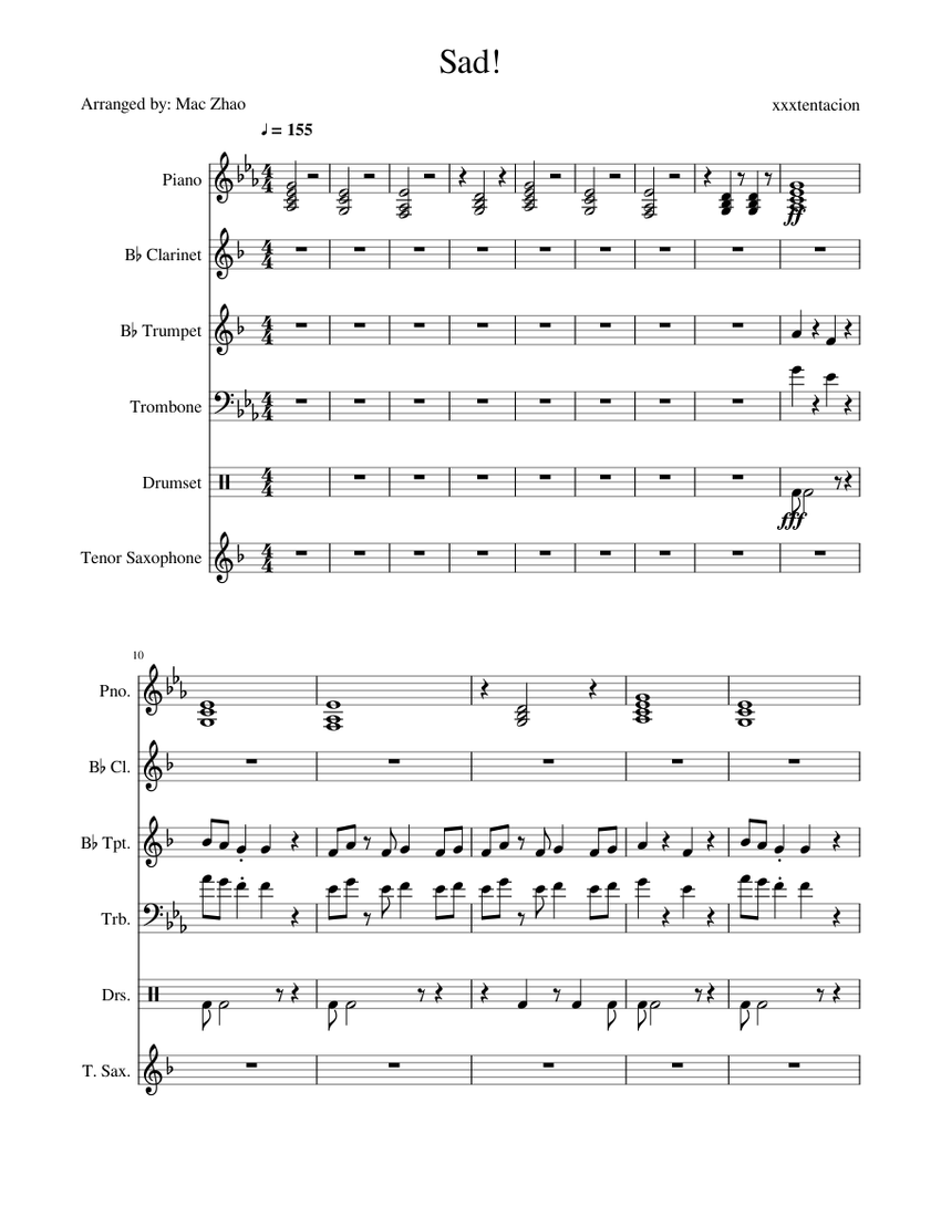 Sad! Sheet Music for Piano, Trombone, Clarinet in b-flat, Saxophone ...
