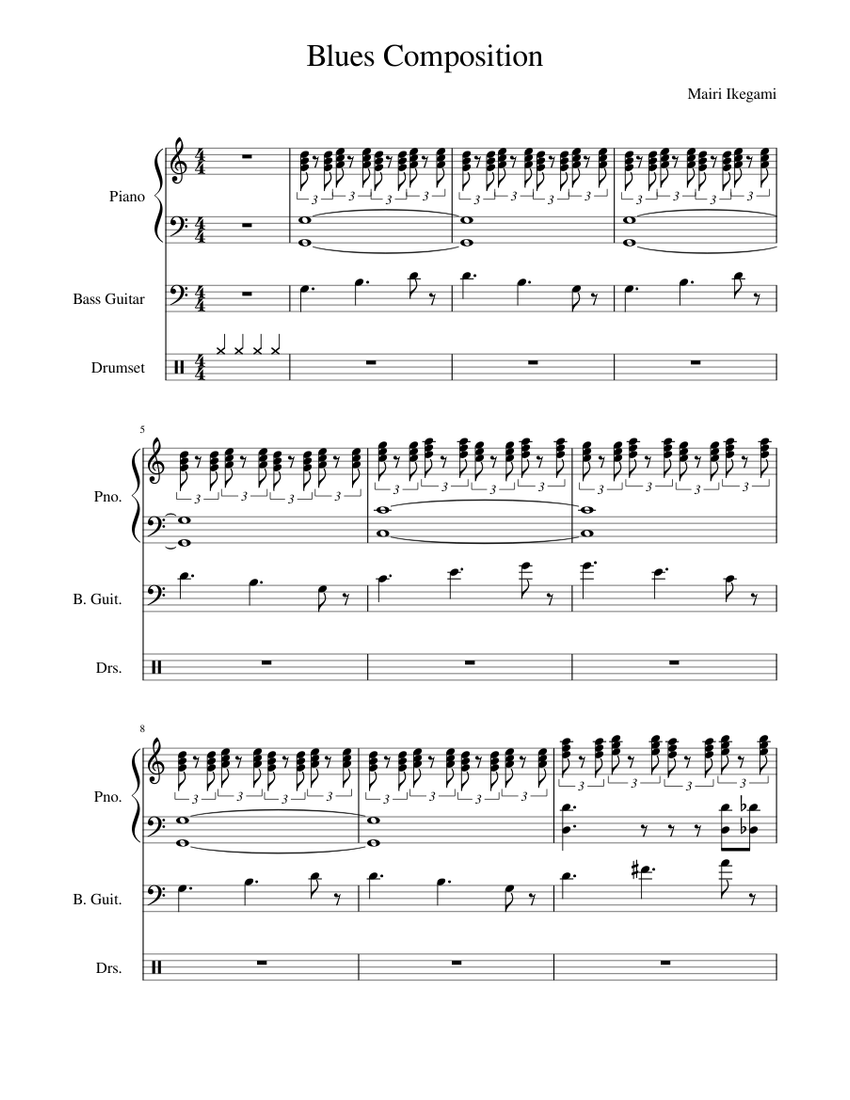 Blues Composition Sheet music for Piano, Bass guitar, Drum group (Mixed ...