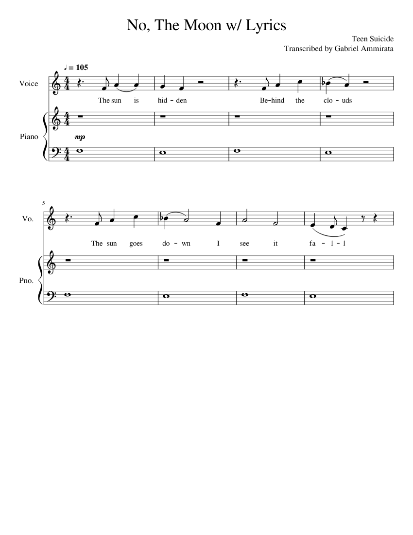No, The Moon w/ Lyrics by Teen Suicide Sheet Music for Piano, Vocals ...