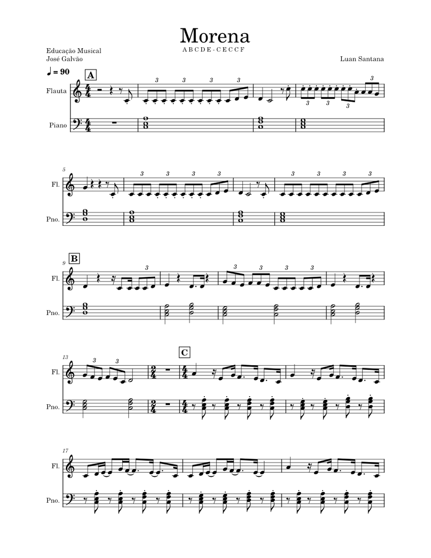 Morena – Luan Santana Morena - Luan Santana - Partitura Piano e Flauta ...