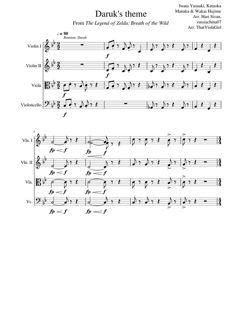 Daruk's theme Sheet Music for Violin, Viola, Cello (String Quartet ...