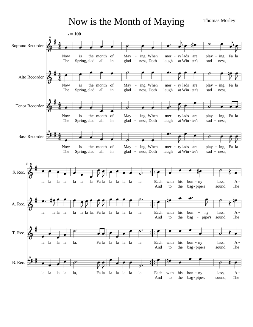Now is the Month of Maying Sheet music for Recorder (Woodwind Quartet ...