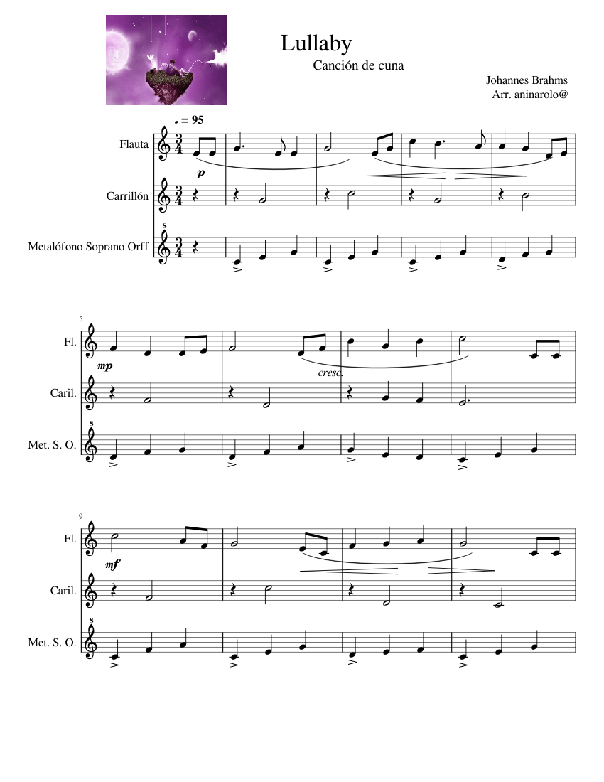 Lullaby Brahms 6º Sheet Music for Flute, Tubular bells, Metallophone ...