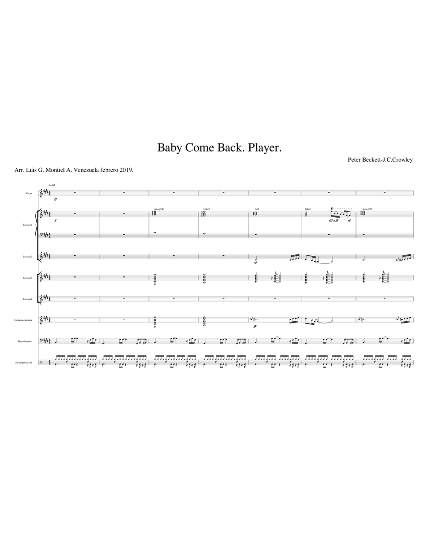 Baby Come Back. Player. Sheet Music for Piano, Guitar, Bass guitar ...