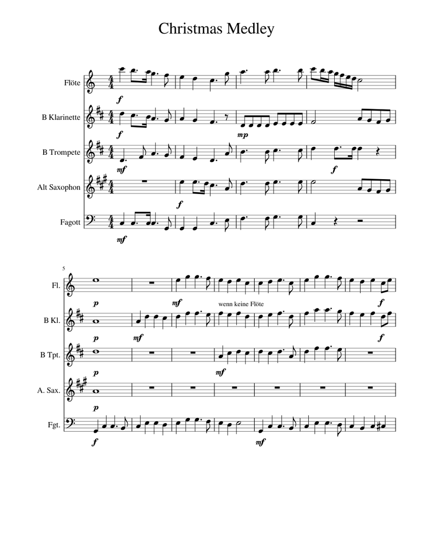 Christmas Medley Sheet Music for Flute, Clarinet in b-flat, Bassoon ...