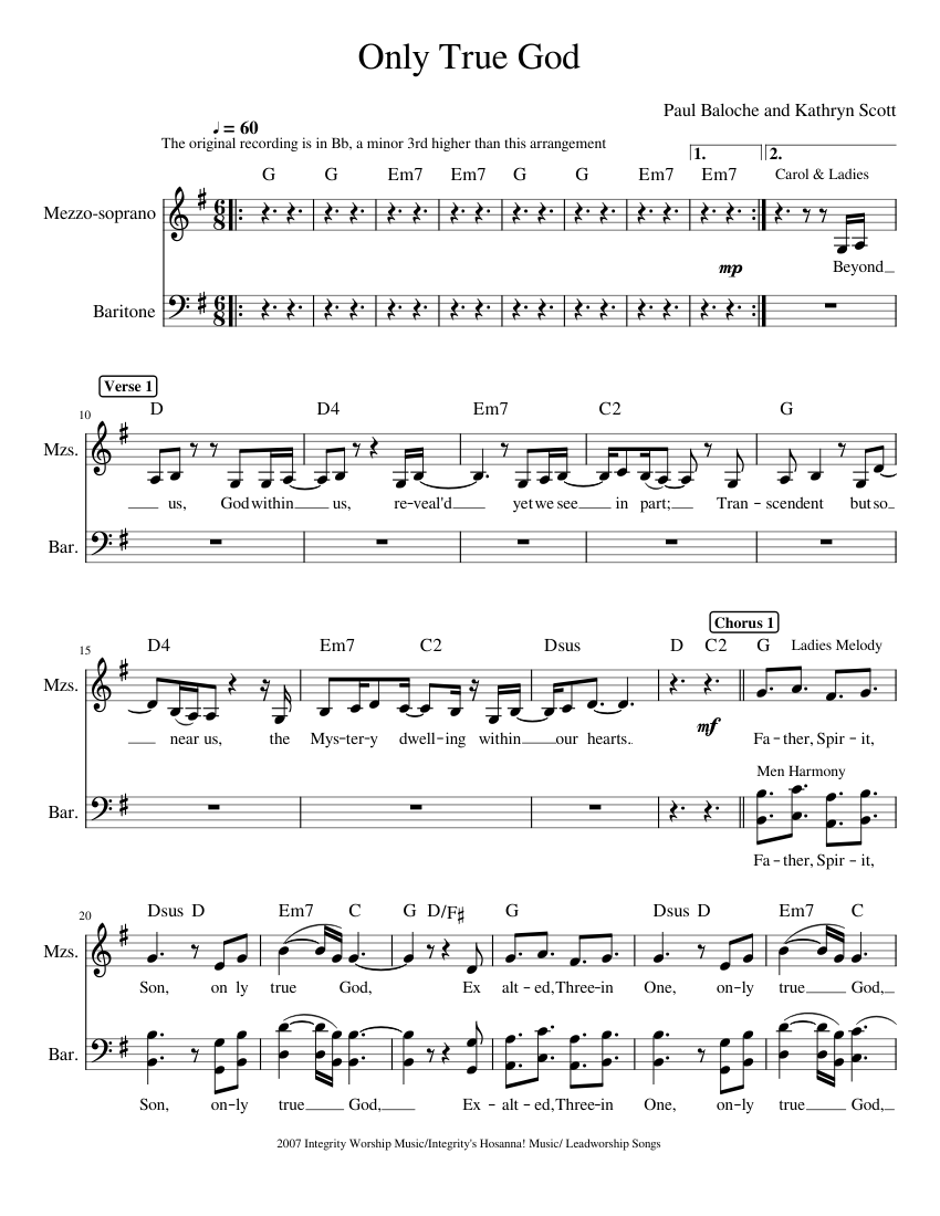 Only True God in G Sheet music for Baritone, Mezzo soprano (Choral ...