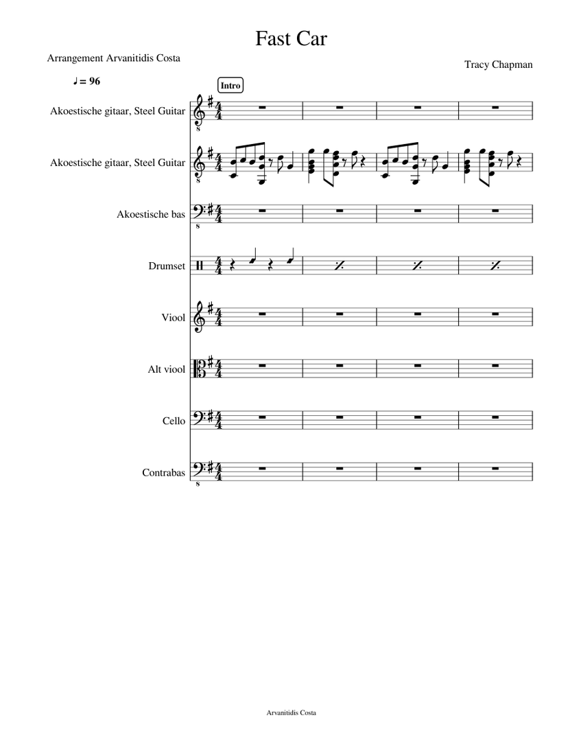 Fast Car-Tracy Chapman Sheet music for Contrabass, Violin, Viola, Cello ...
