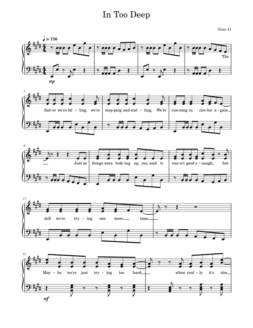 In Too Deep - Sum 41 Sheet music for Piano (Solo) | Musescore.com