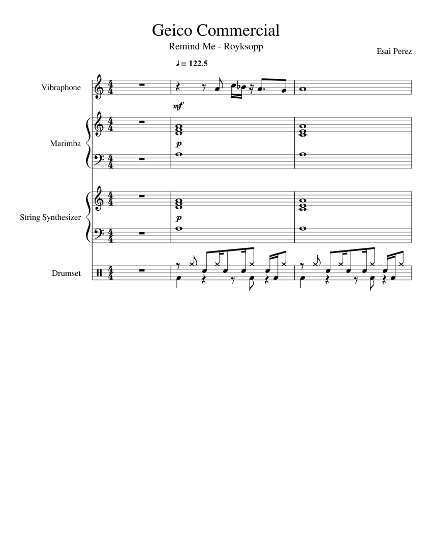 Geico Commercial Sheet music for Vibraphone, Drum group, Marimba ...