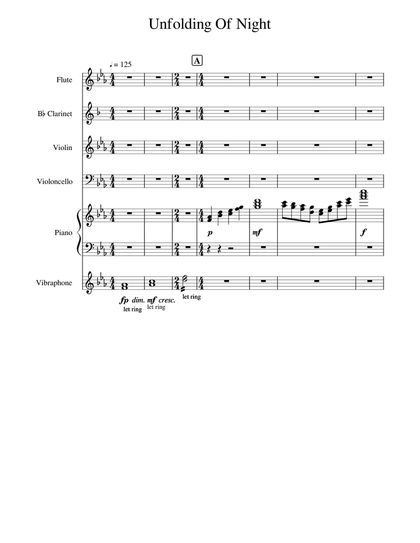 Unfolding Of Night. Sheet music for Piano, Flute, Vibraphone, Violin ...