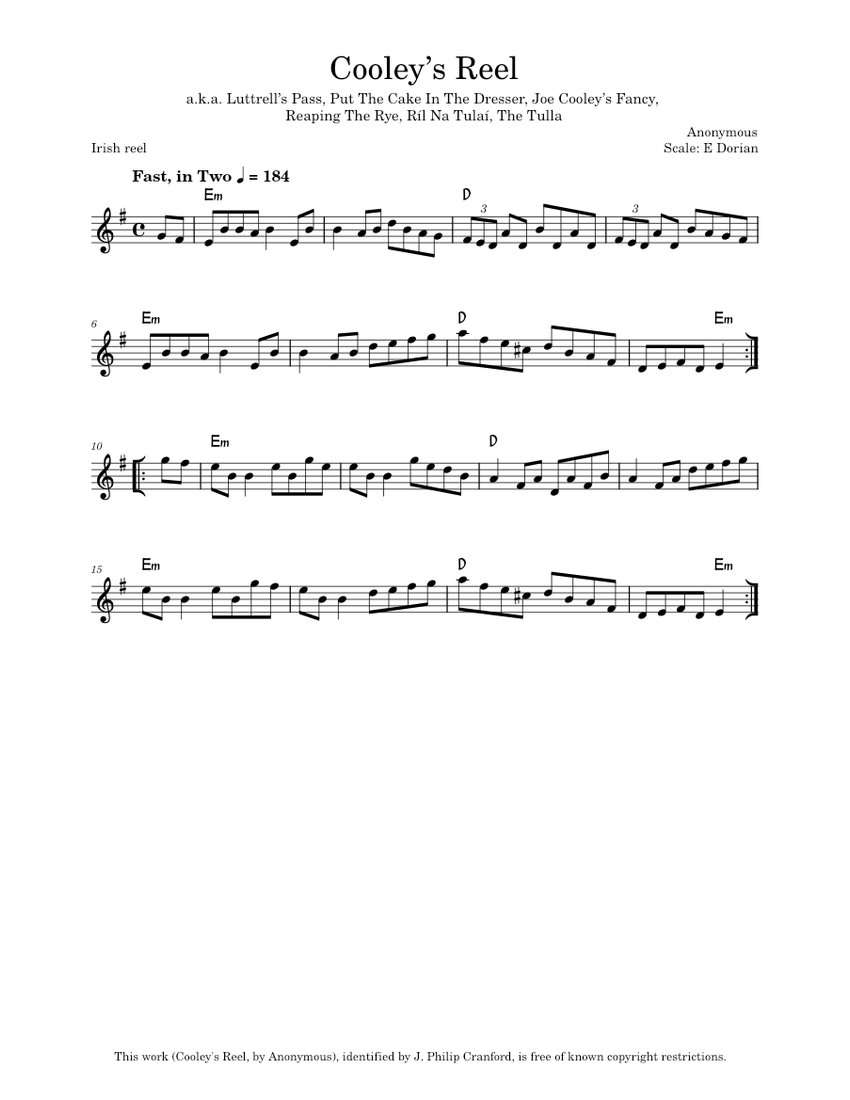 Cooley's Reel - Lead Sheet Sheet Music with Chords for Piano (Solo ...