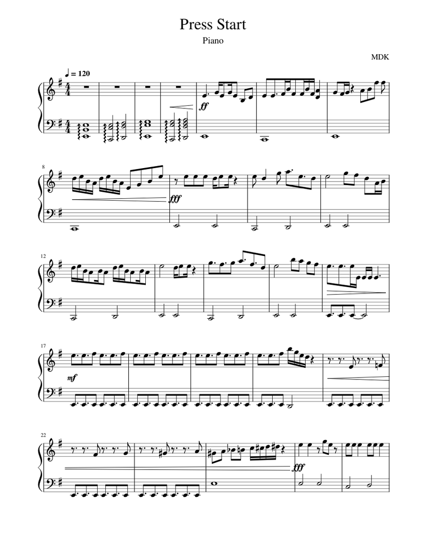 Press Start Easy piano Sheet Music for Piano (Solo) | MuseScore.com