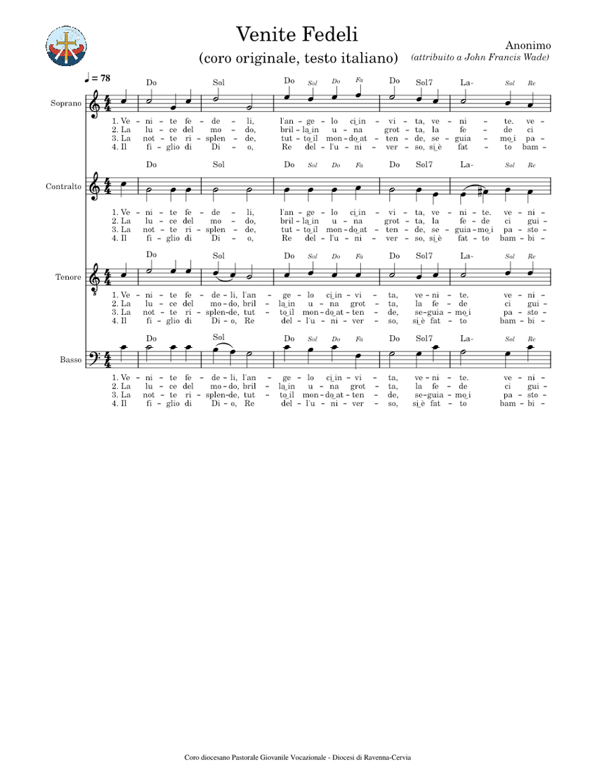 Venite Fedeli (Adeste Fideles) Sheet music for Soprano, Alto, Tenor, Bass voice (Church Choir ...
