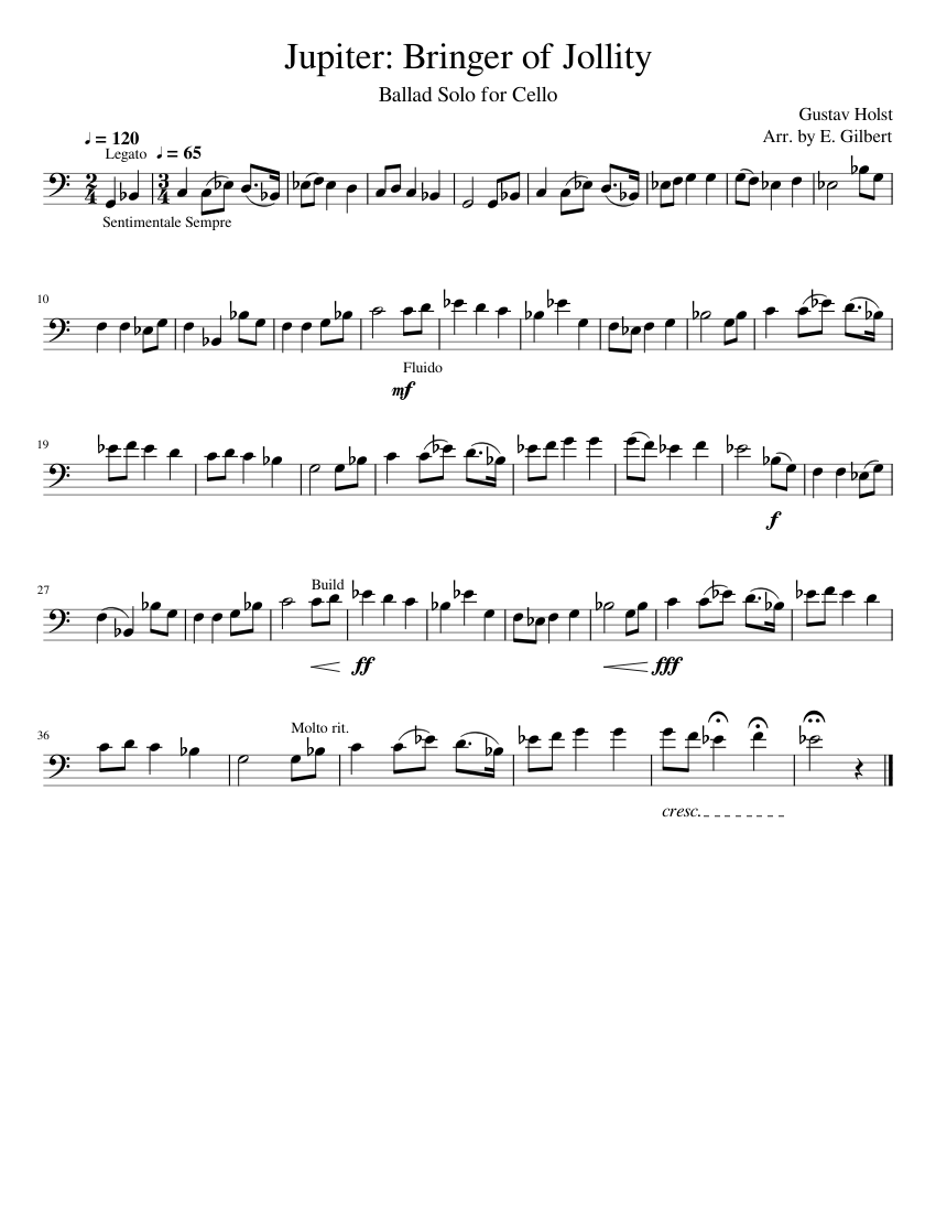 Jupiter: Bringer of Jollity Sheet Music for Cello (Solo) | MuseScore.com