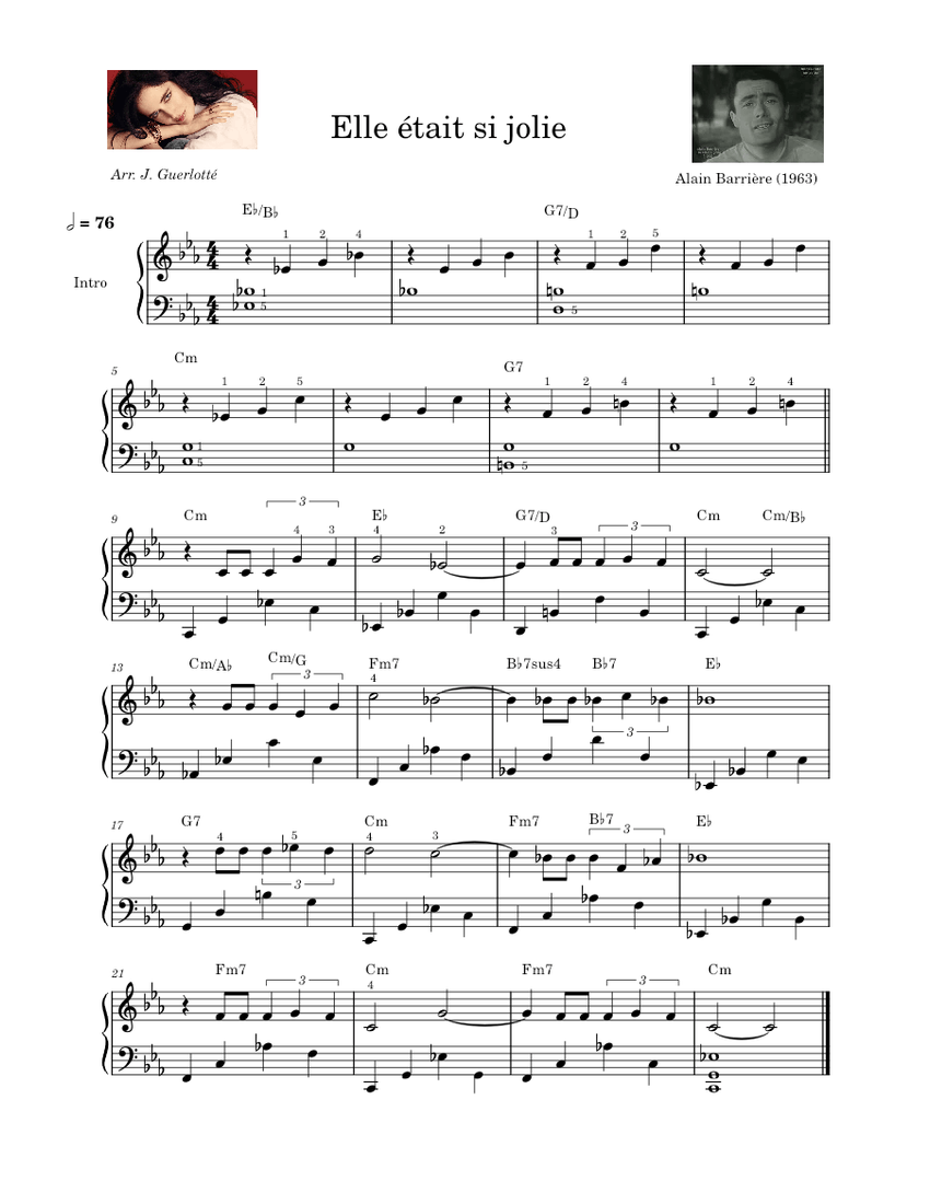 Elle etait si jolie – Alain Barriere Sheet Music for Piano (Solo) Easy ...