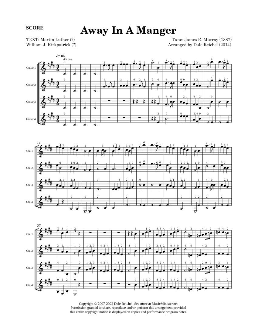 Away In A Manger - Guitar Quartet Sheet music for Guitar (Mixed Quartet ...