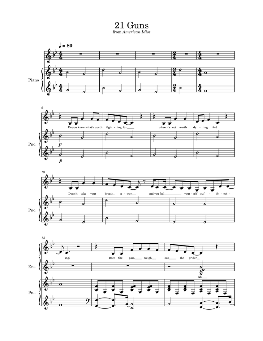 21 guns - Musical Version Sheet Music for Piano (Show Choir ...