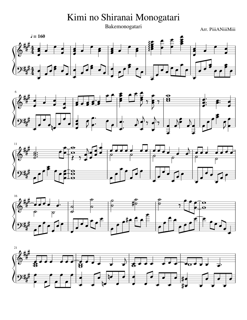 Kimi no Shiranai Monogatari - Bakemonogatari ED Sheet Music for Piano ...