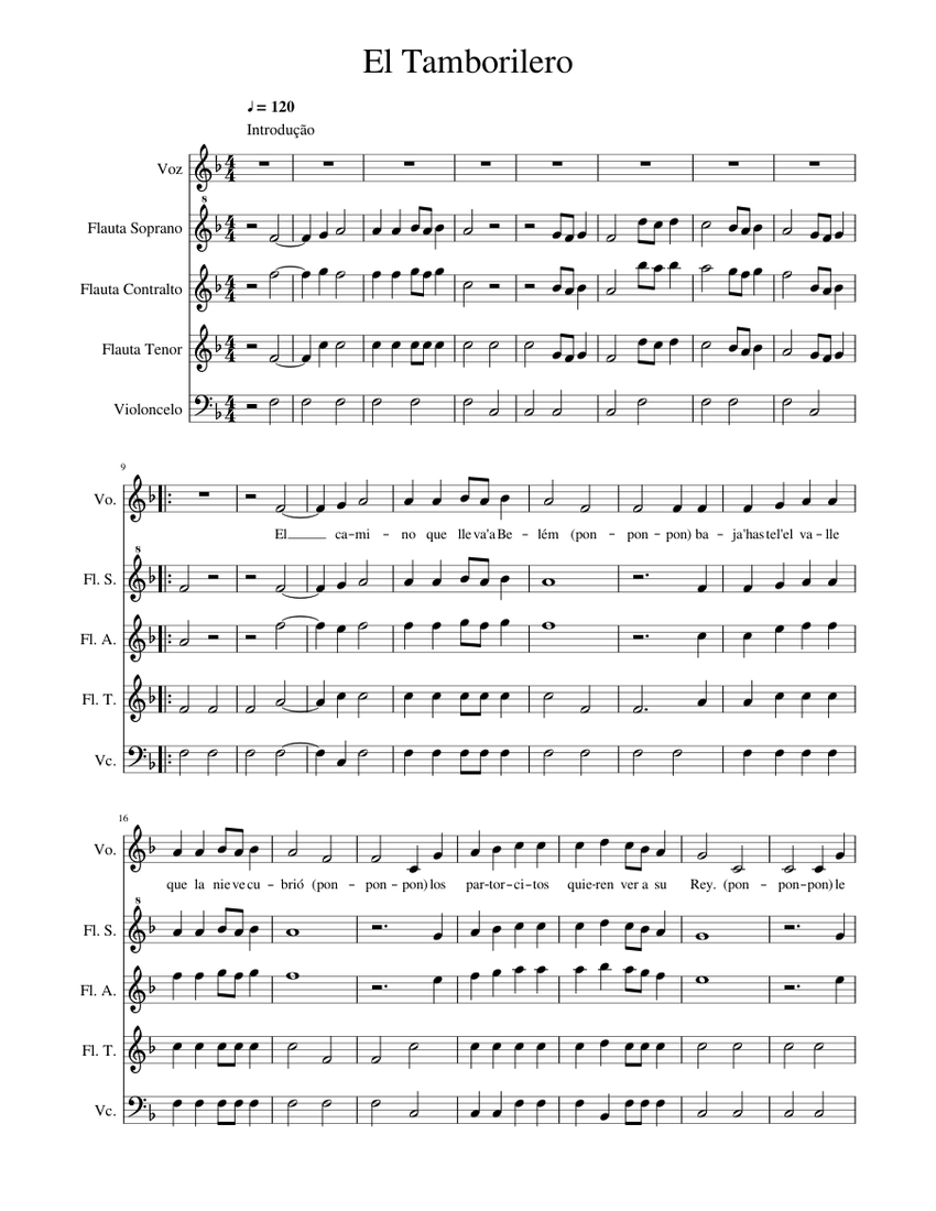 El Tamborilero Sheet music for Vocals, Cello, Recorder (Mixed Quintet ...
