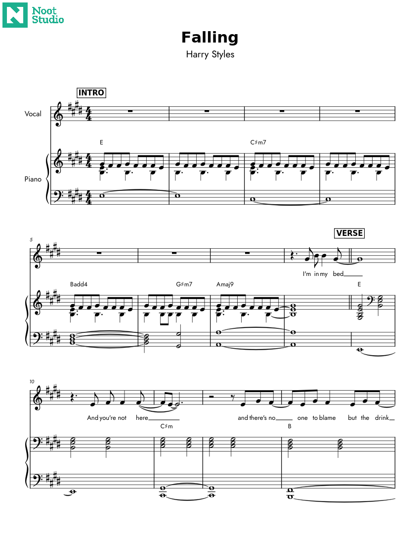 Falling by Harry Styles Sheet Music with Chords for Piano, Vocals (Solo ...