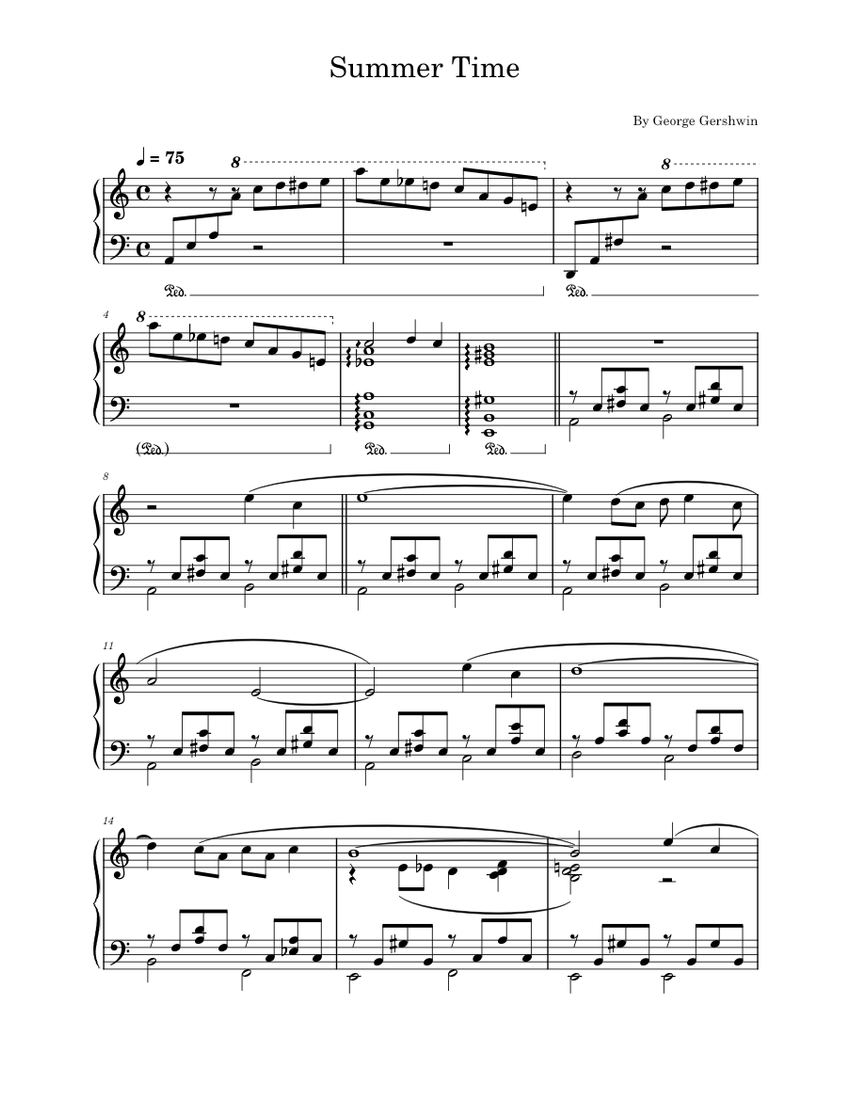 [피아노 악보] Summer Time(No Chord) Sheet Music for Piano (Solo) | MuseScore.com