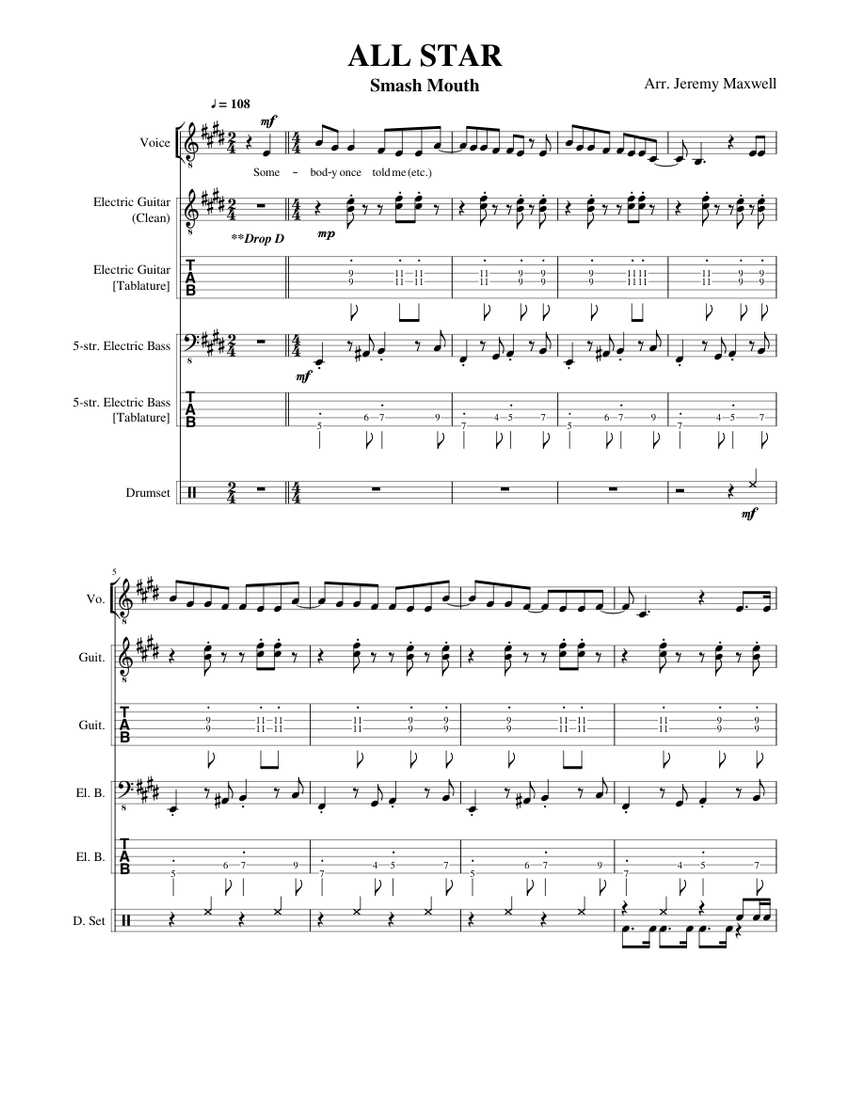 All star – Smash Mouth Sheet Music and Tab for Vocals, Guitar, Bass ...