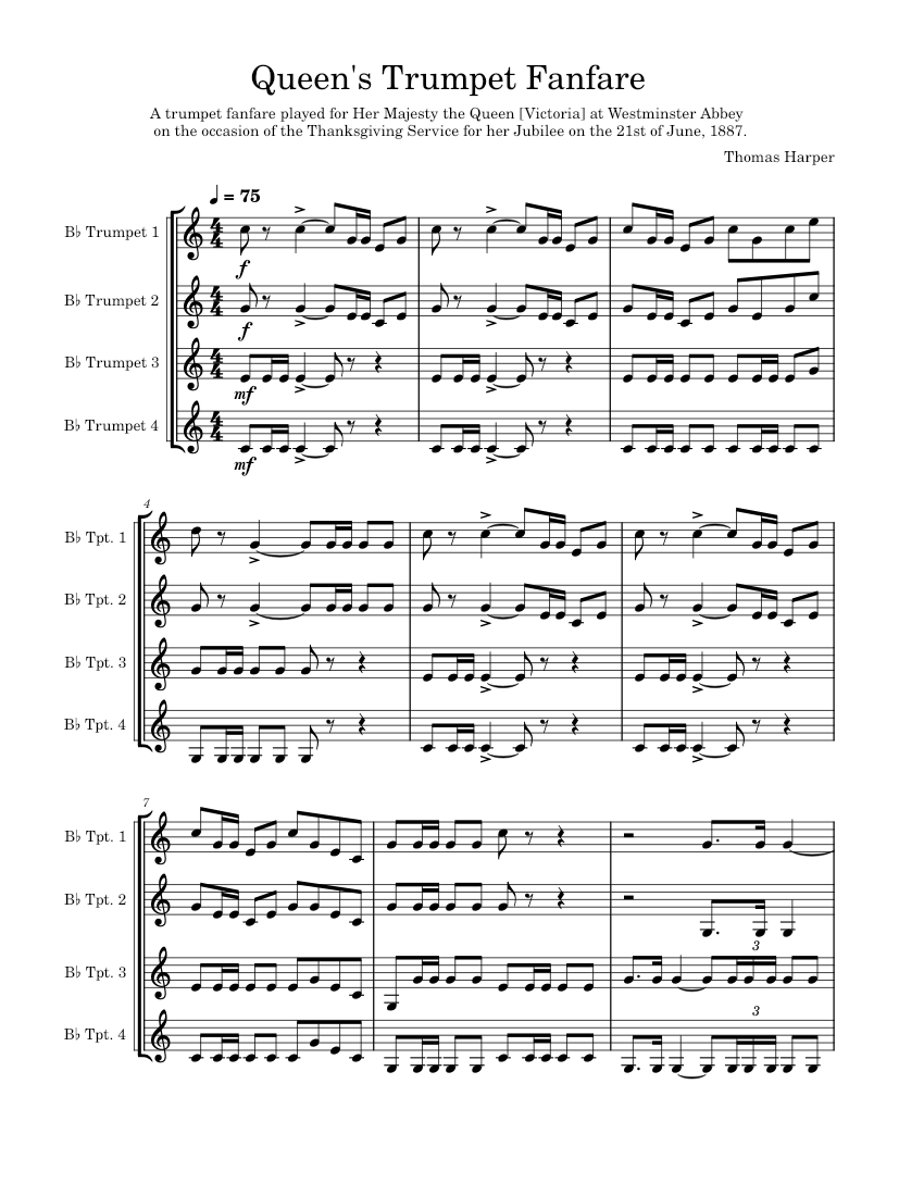 Queen's Trumpet Fanfare Sheet Music for Trumpet in b-flat (Brass Quartet) | MuseScore.com