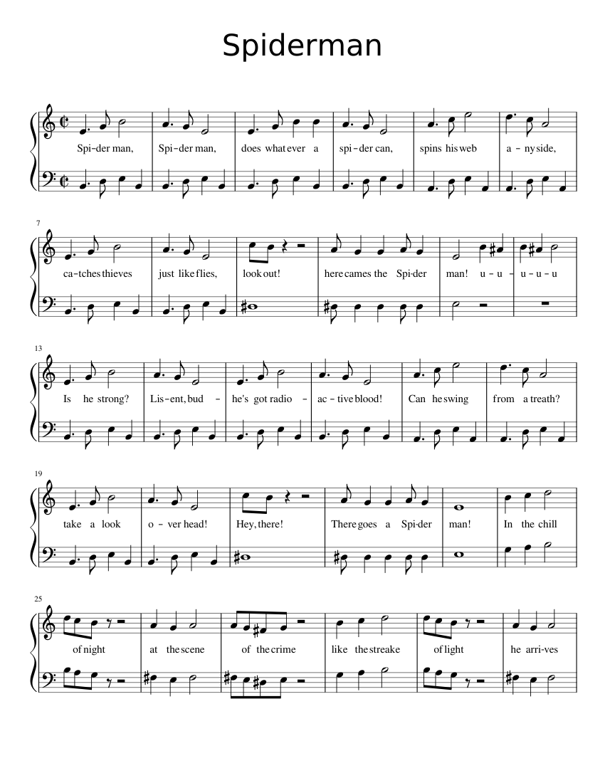 Spiderman Sheet Music for Piano (Solo) Easy | MuseScore.com