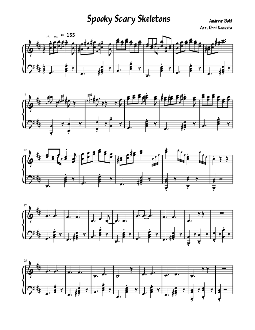 Spooky Scary Skeletons - Spooky Piano Arrangement Sheet Music for Piano ...