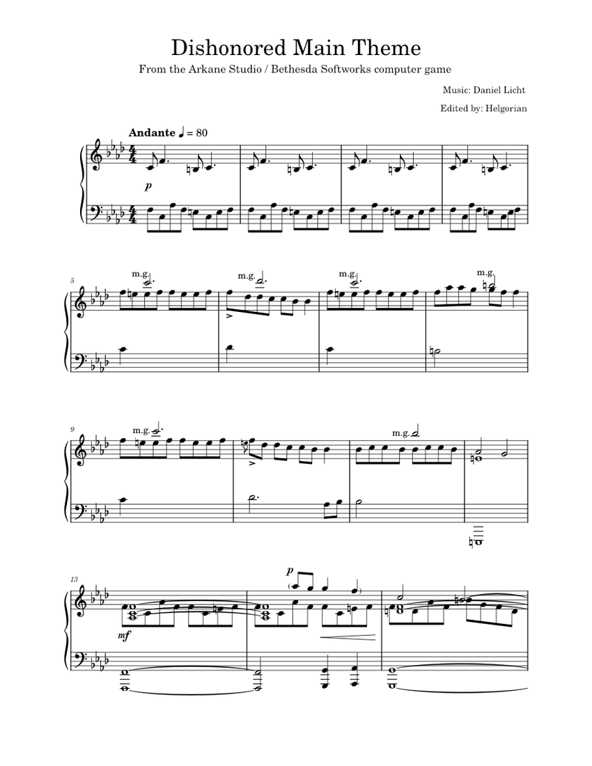 Dishonored Main Theme – Daniel Licht Sheet Music for Piano (Solo) easy ...