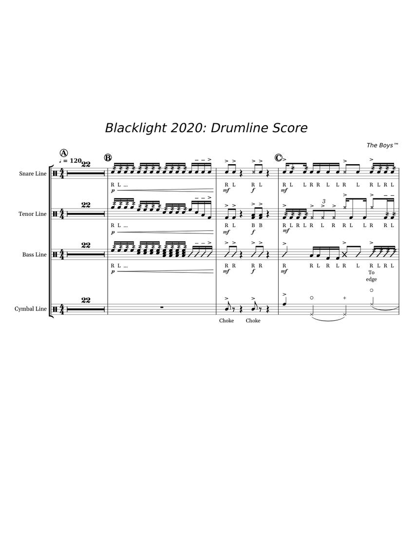 Blacklight_2020-DrumlineScore Sheet music for Snare drum, Crash, Tenor ...