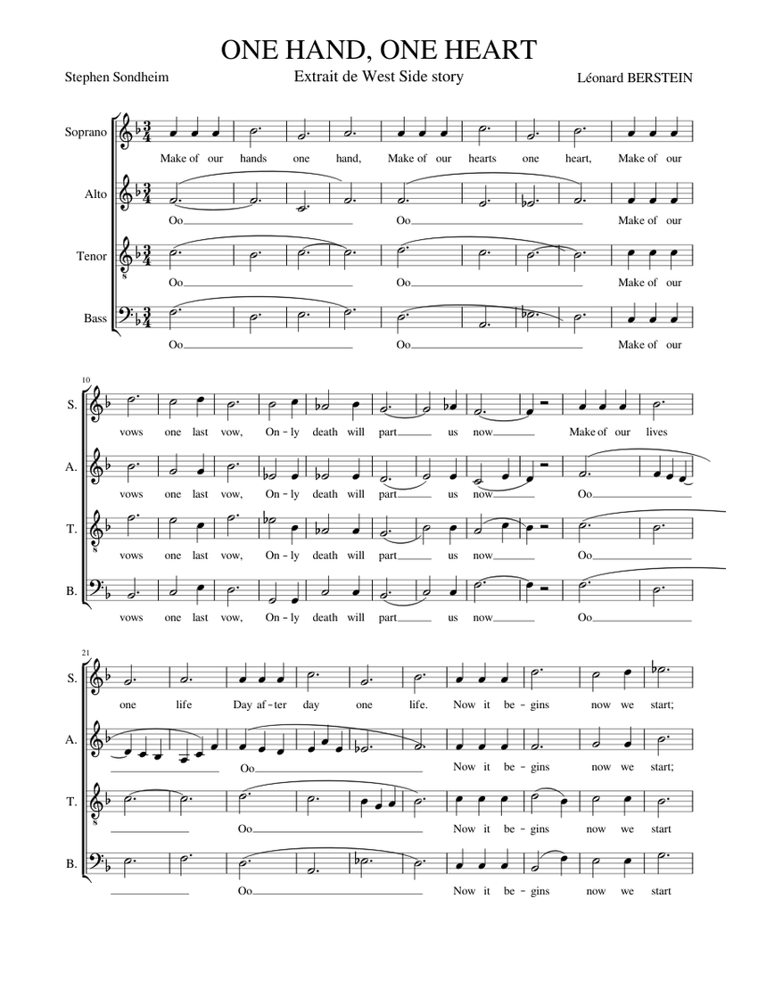 ONE HAND, ONE HEART Sheet Music for Soprano, Alto, Tenor, Bass voice ...