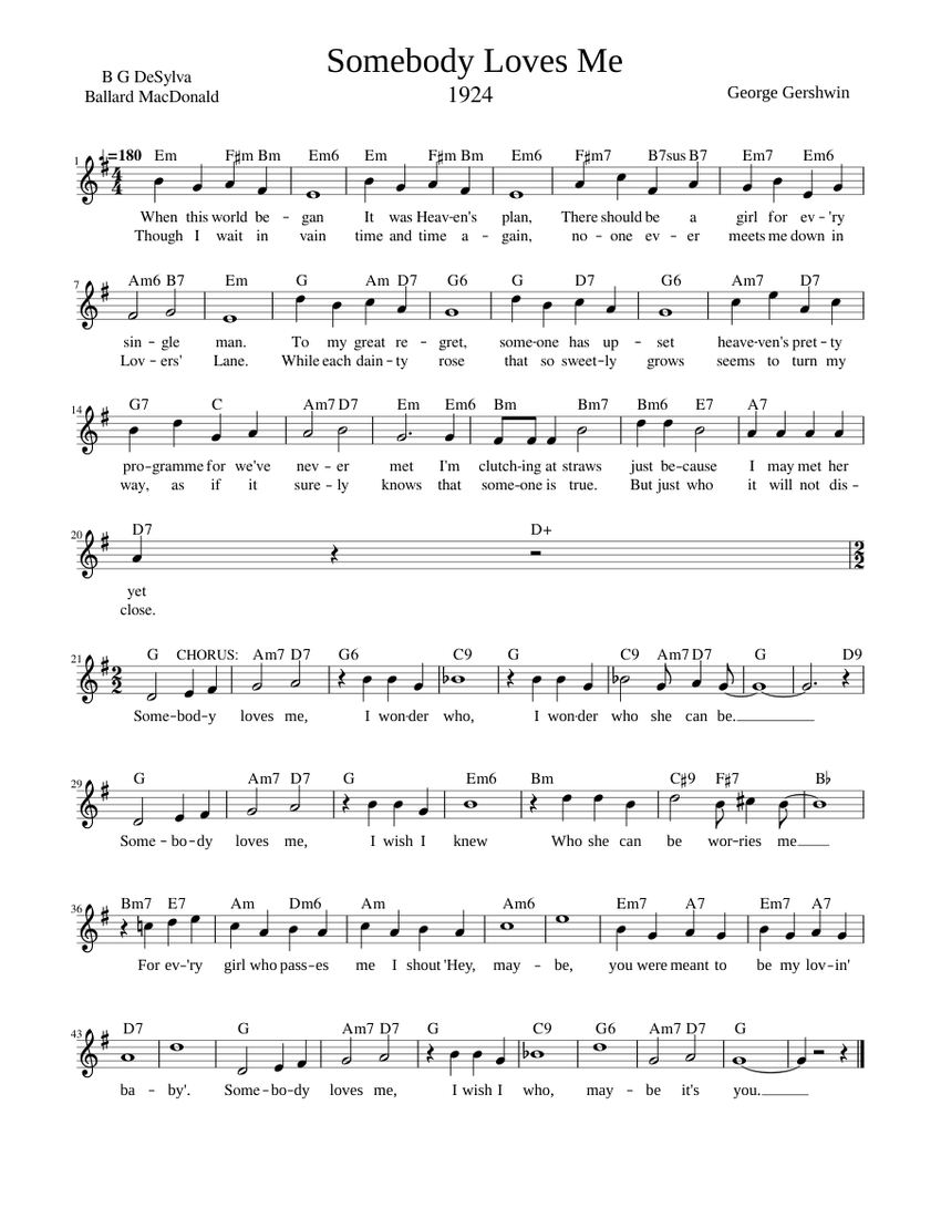 Somebody Loves Me Sheet music for Piano (Solo) | Musescore.com