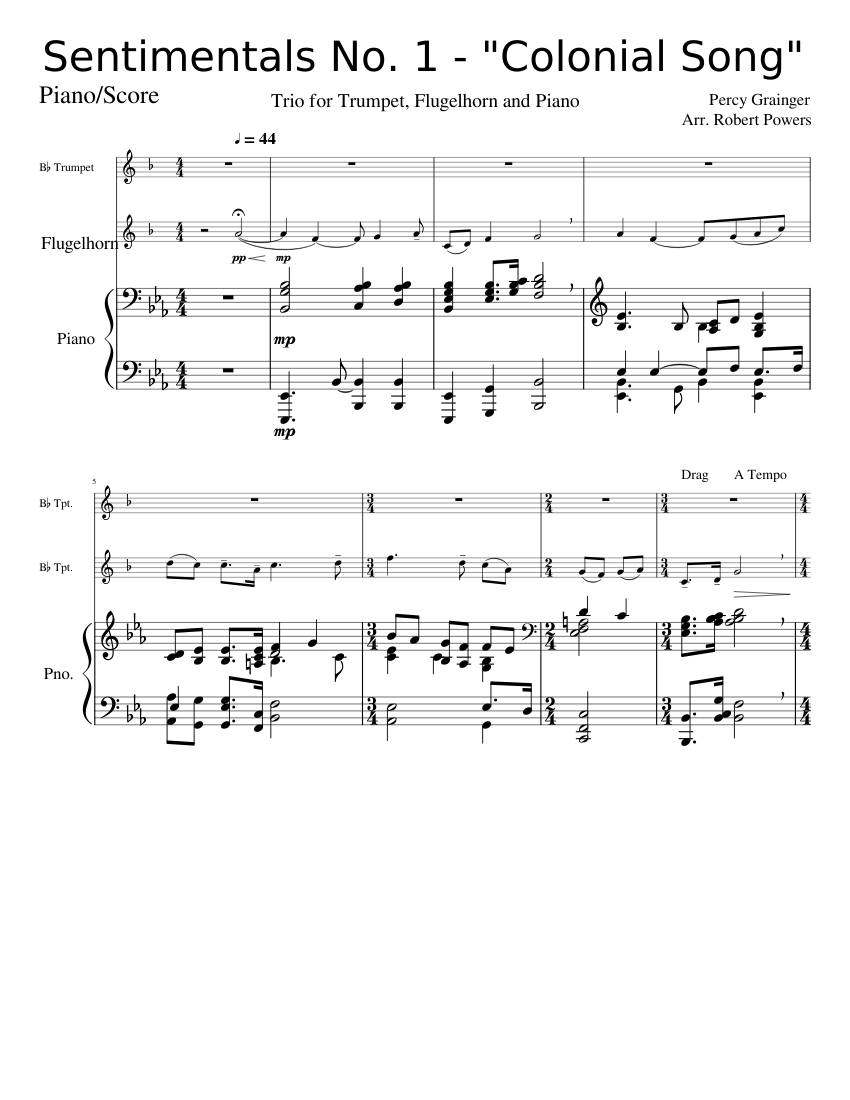 Sentimentals No. 1 - "Colonial Song" by Percy Grainger for Trumpet ...