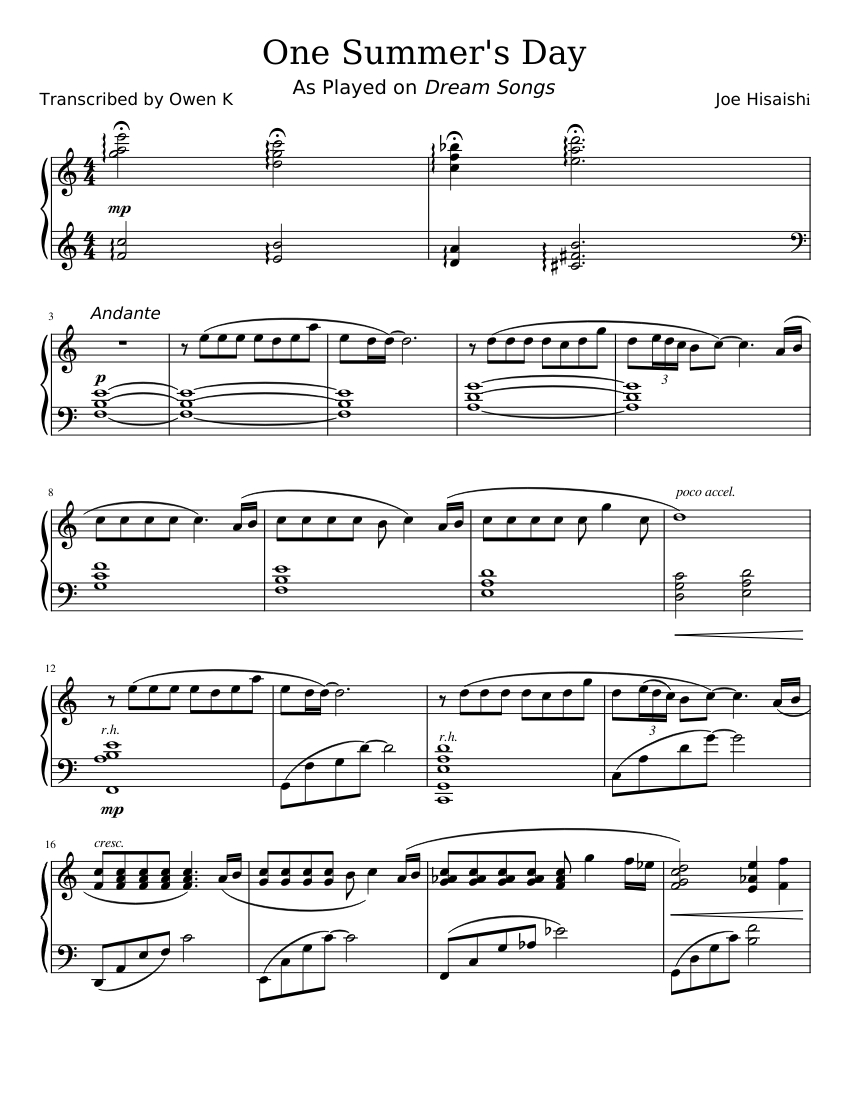 One Summer's Day - Dream Songs Sheet Music for Piano (Solo) | MuseScore.com