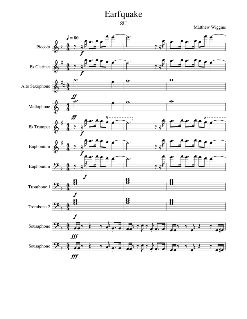 Earfquake Sheet Music for Mellophone, Flute piccolo, Clarinet in b-flat, Saxophone alto & more ...