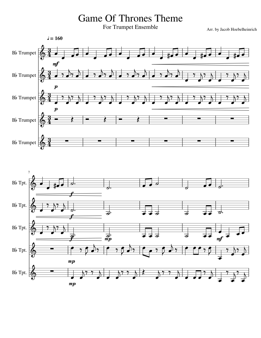 Game Of Thrones Theme For Trumpet Ensemble Sheet Music for Trumpet ...