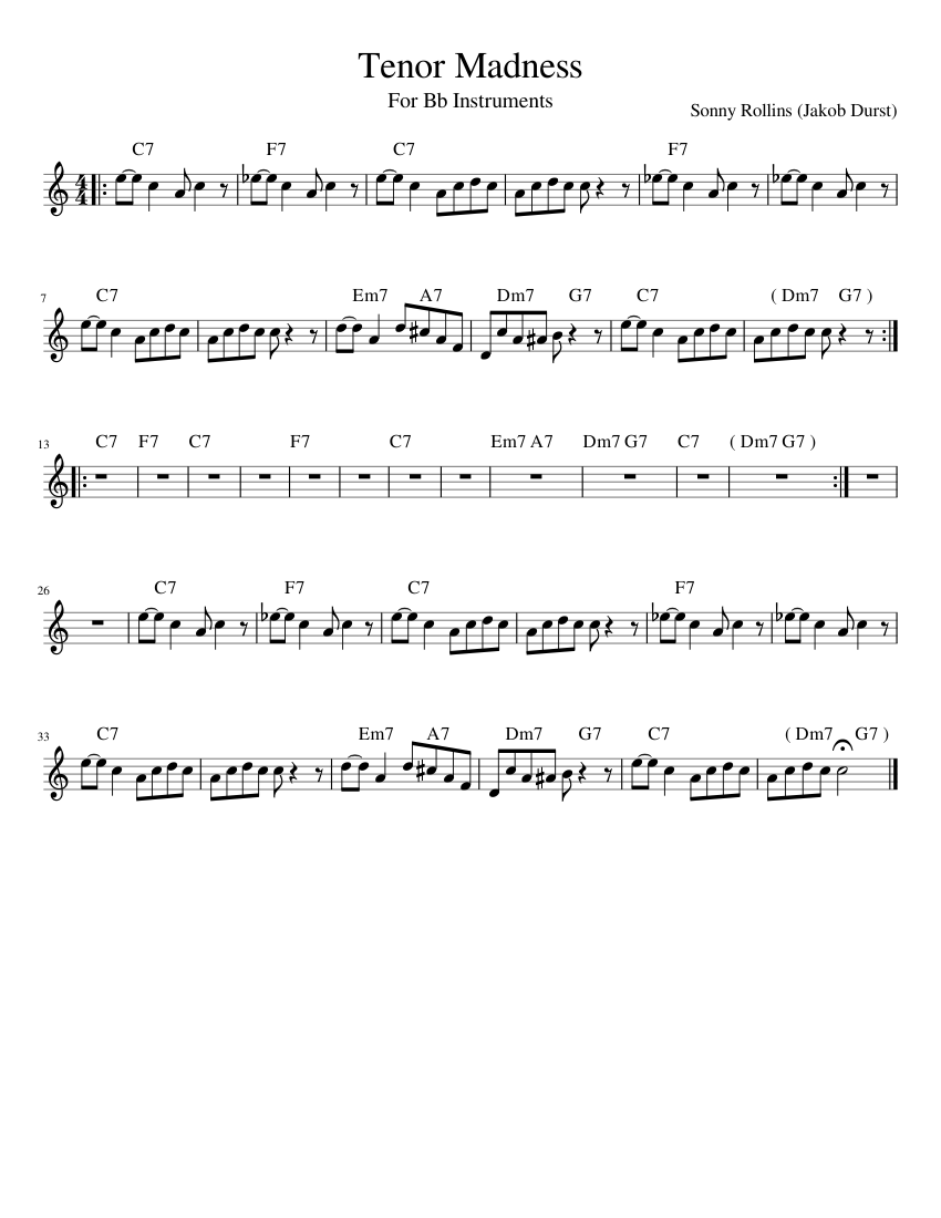 Tenor Madness Bb Sheet Music with Chords for Piano (Solo) easy ...