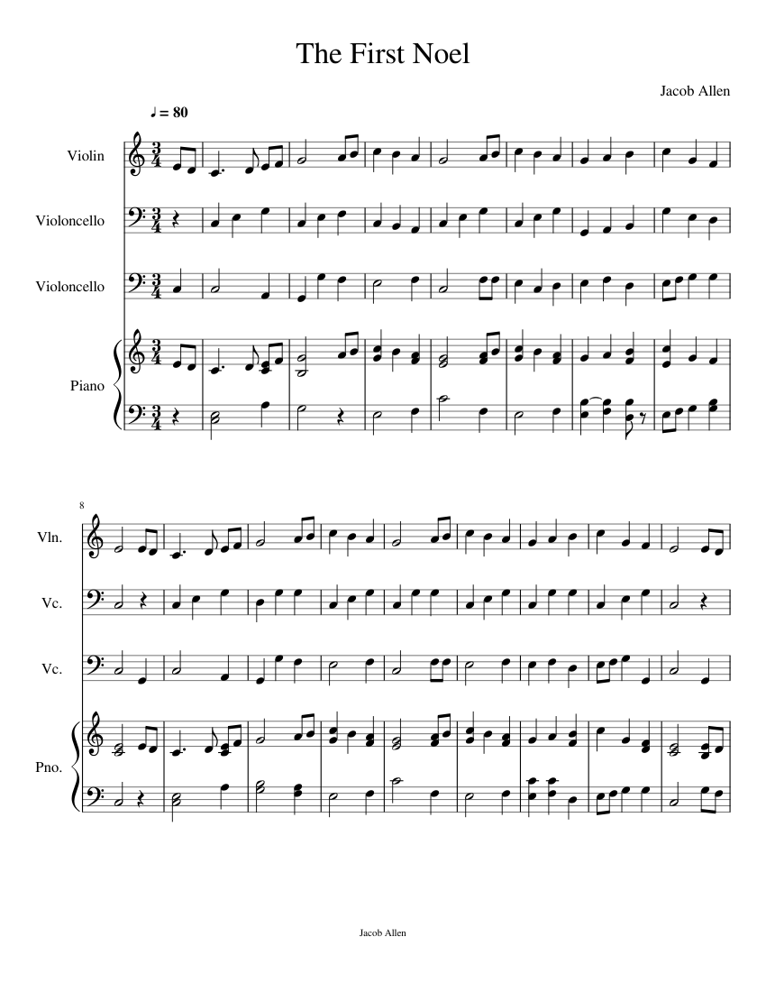 The First Noel Sheet Music for Piano, Violin, Cello (Mixed Quartet ...
