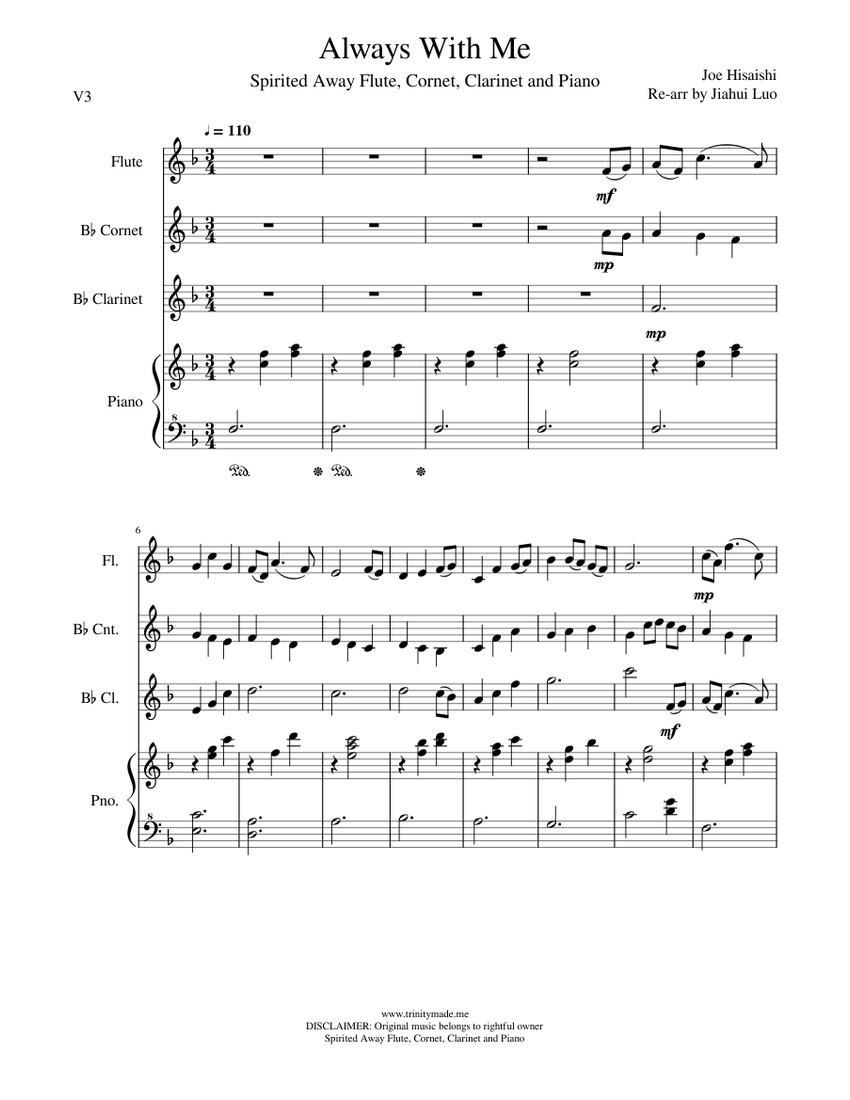 Always_With_Me_Spirited_Away_Clarinet_Flute_Piano_Mixed_Quartet Sheet ...