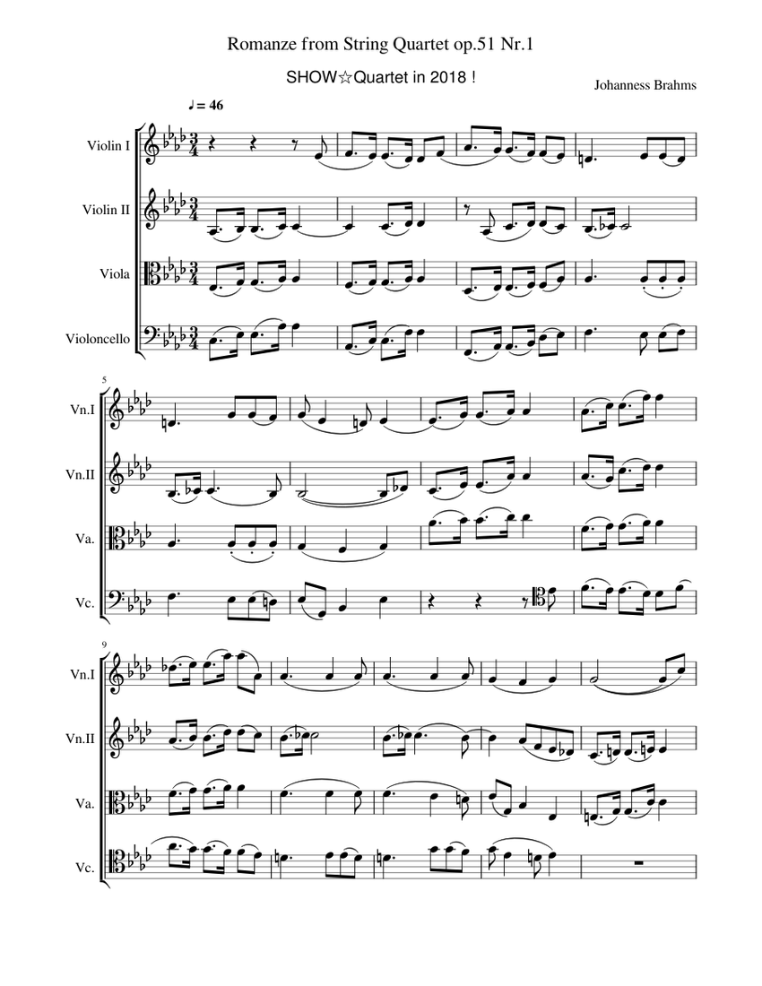 Brahms String Quartet Op.51 no.1 Romanze Sheet music for Violin, Viola, Cello (String Quartet ...
