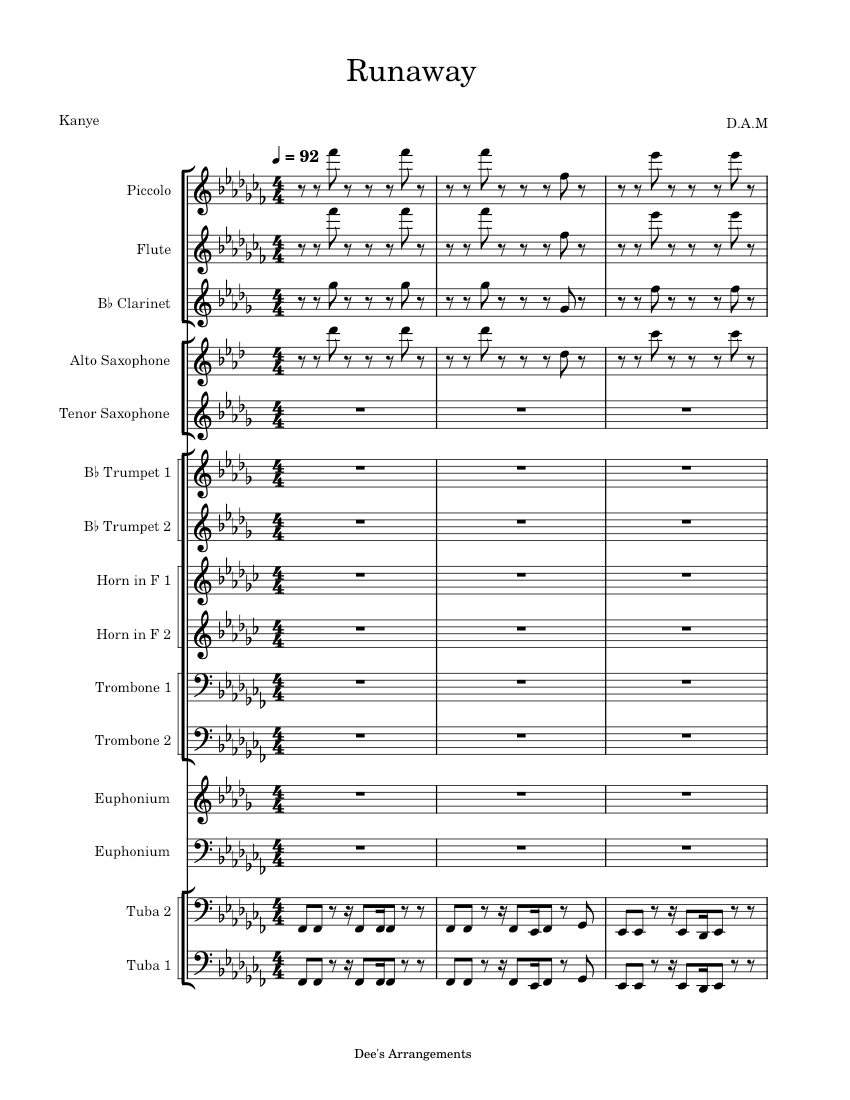 Runaway – Kanye West Sheet Music for Trombone, Euphonium, Tuba, Flute ...