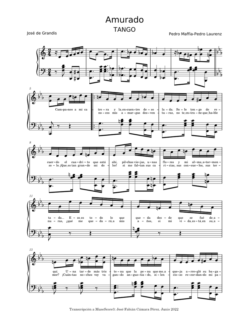 Amurado – Pedro Maffia y Pedro Laurenz Sheet Music for Piano (Solo ...